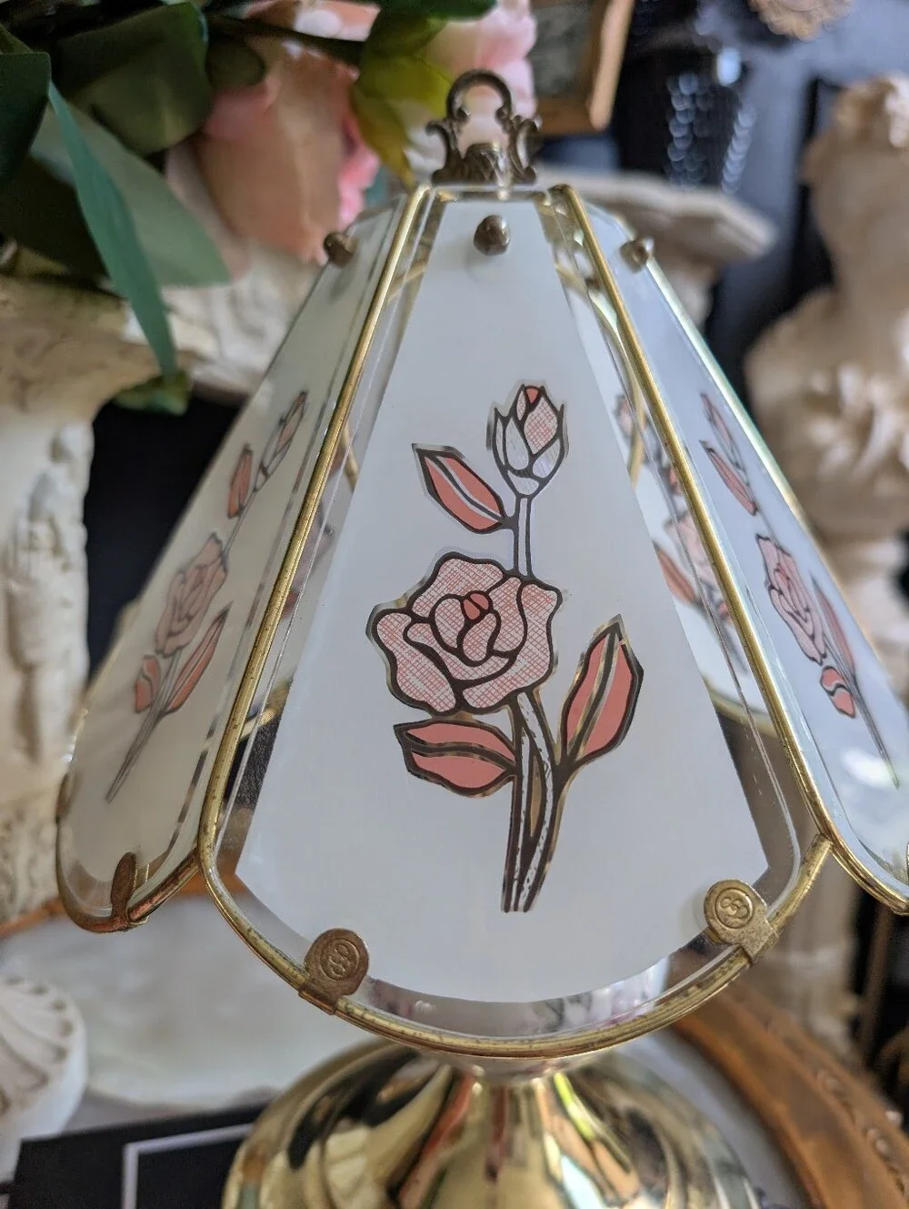 Vintage | Accents | Vintage Gold 6 Glass Panel Pink Floral Design ...